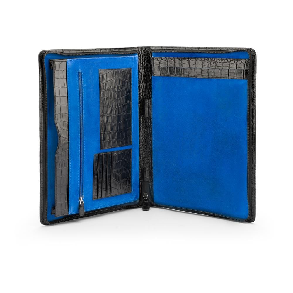 Leather A4 Zip Padfolio, Black Croc | Document Cases | SageBrown