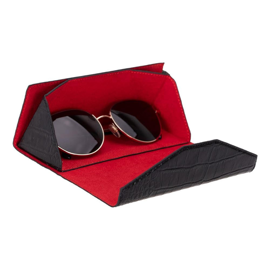 Triangular Leather Glasses Case, Black Croc | Glasses Case | SageBrown