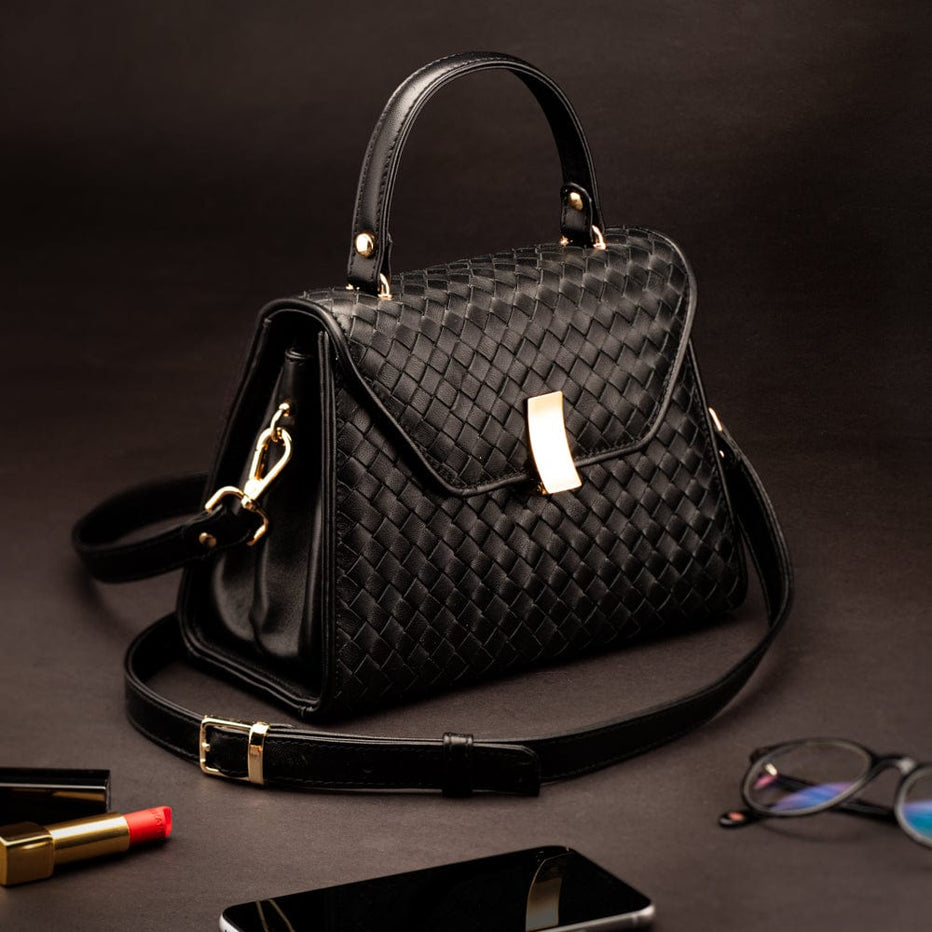 Woven Leather Sabrina Bag, Black | Top Handle Bag | SageBrown