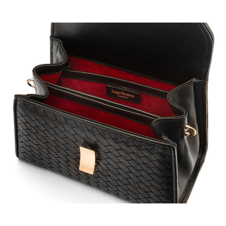 Woven Leather Sabrina Bag, Black | Top Handle Bag | SageBrown
