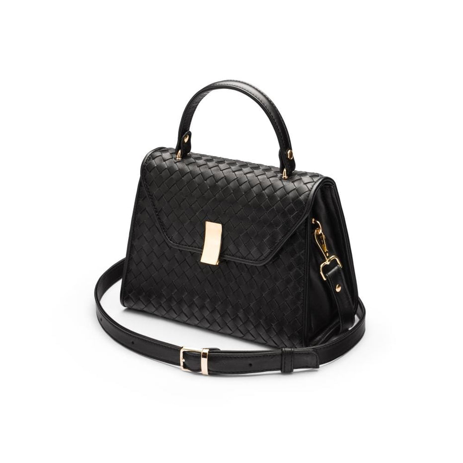 Woven Leather Sabrina Bag, Black | Top Handle Bag | SageBrown