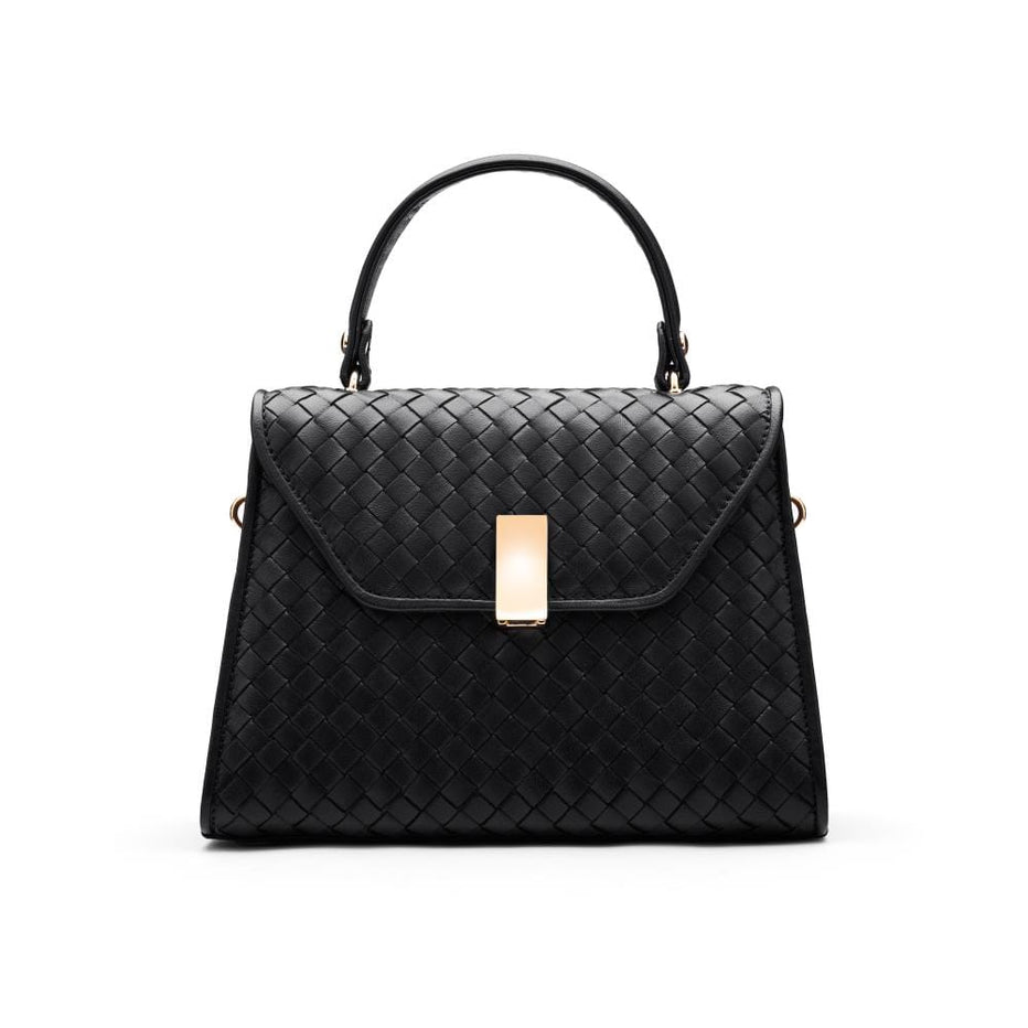 Woven Leather Sabrina Bag, Black | Top Handle Bag | SageBrown