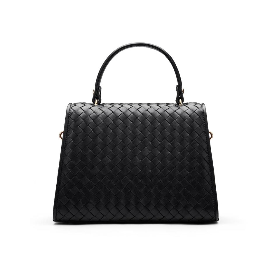 Woven Leather Sabrina Bag, Black | Top Handle Bag | SageBrown