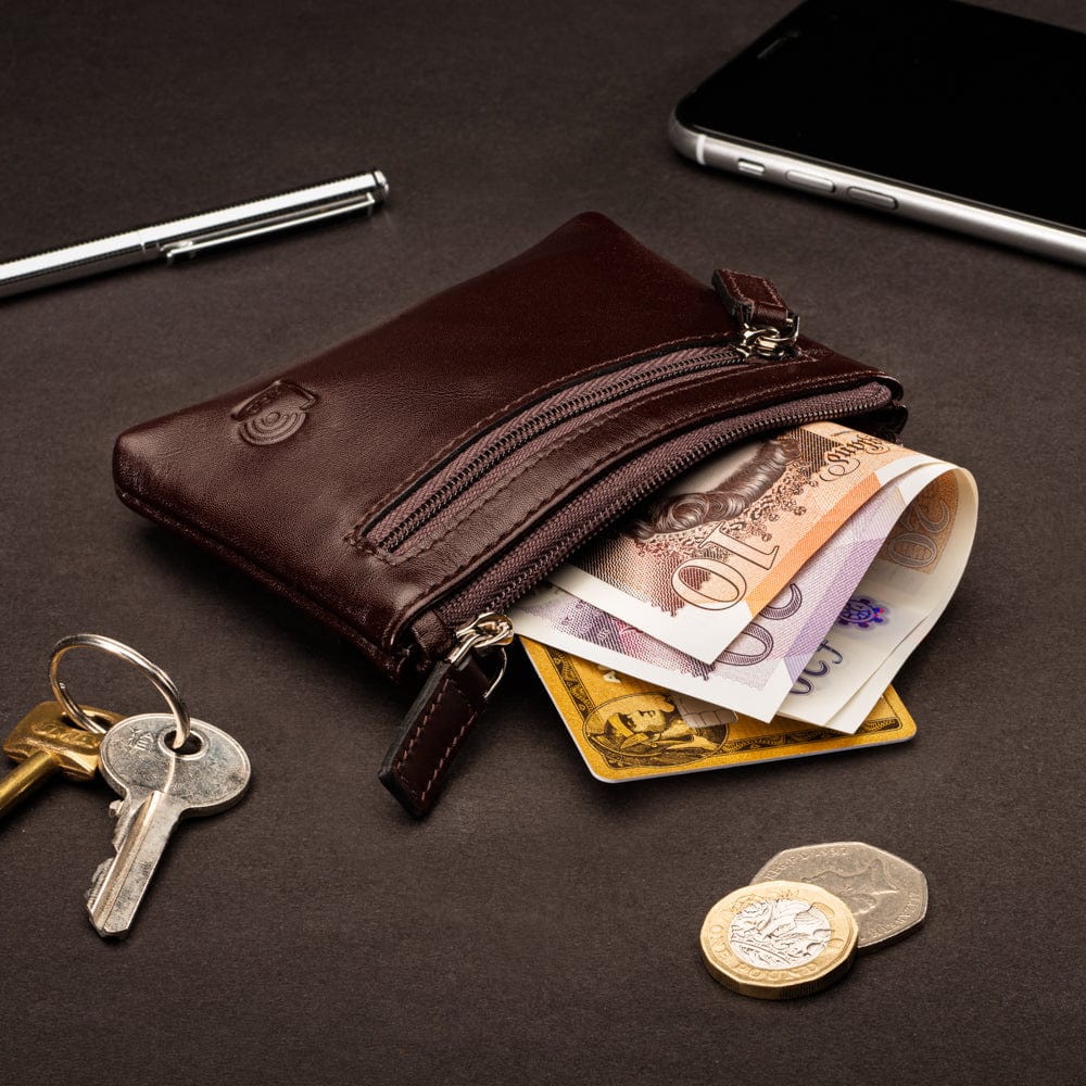 RFID Small Leather Zip Coin Pouch, Brown | Coin Purse | SageBrown