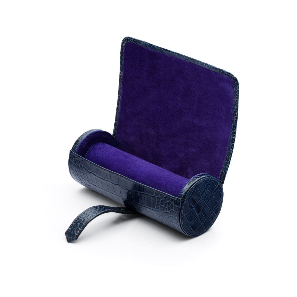 Large Leather Watch Roll, Navy Croc | Watch Rolls | SageBrown