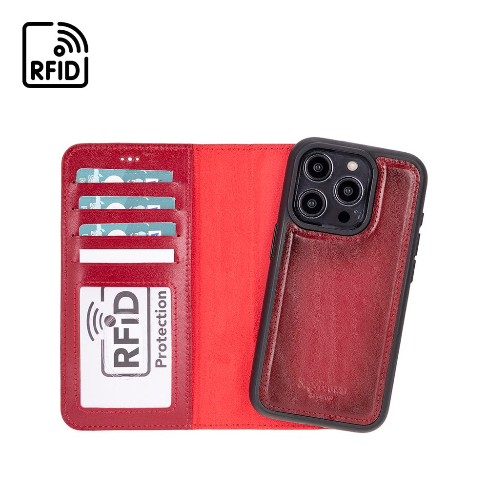 iPhone 15 Pro Max Case In Leather, RFID Protection, Red | SageBrown