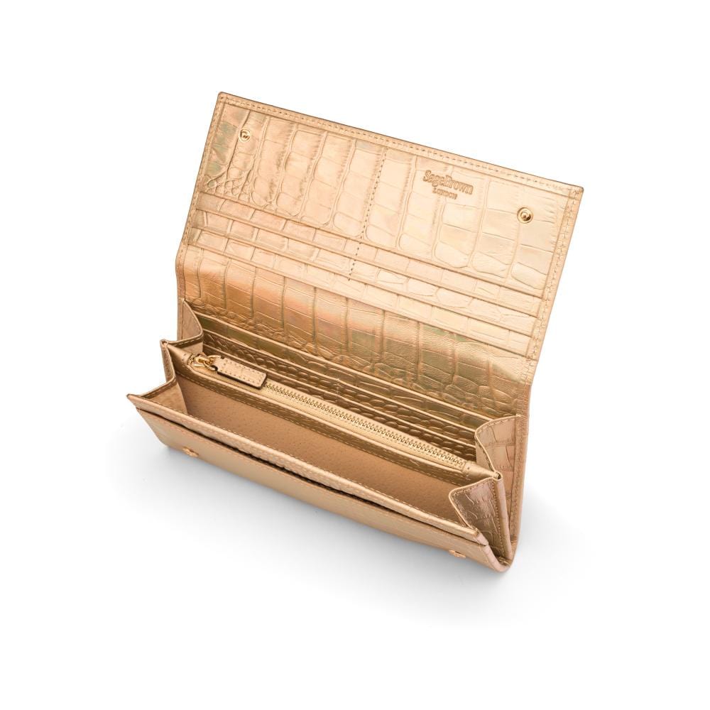 Tall Leather Concertina Purse, Gold Croc | Large Purses | SageBrown