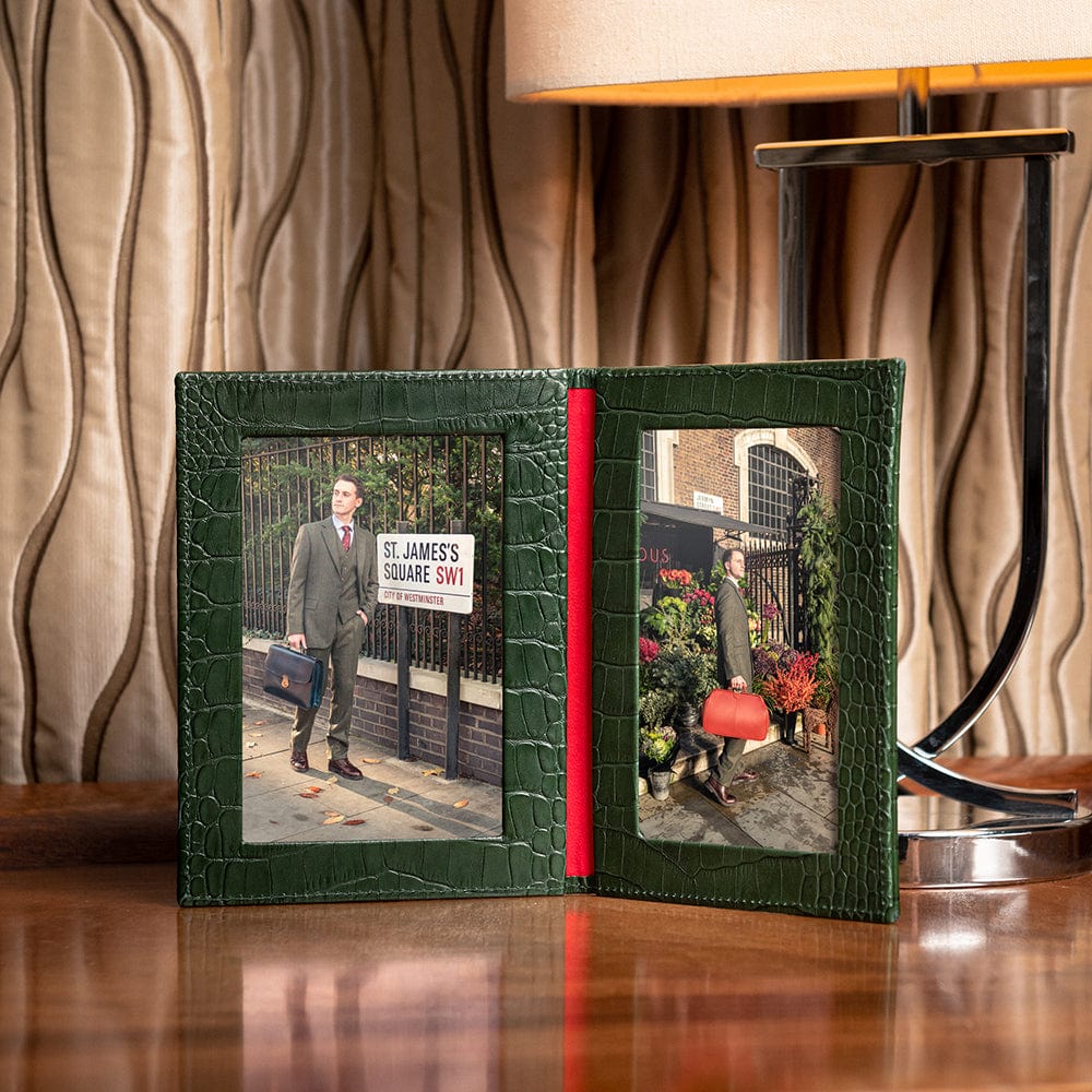 Double Leather Photo Frame, Green Croc, 6x4" | Frames | SageBrown