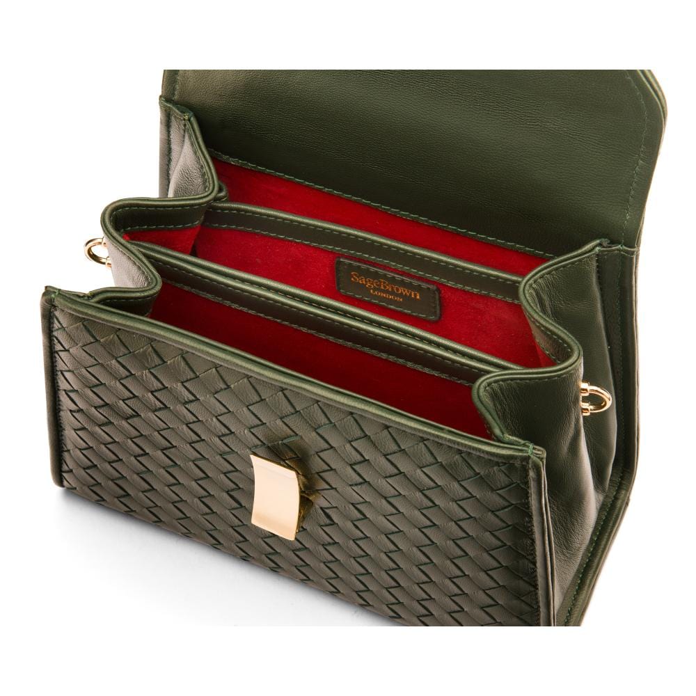 Woven Leather Sabrina Bag, Green | Top Handle Bag | SageBrown