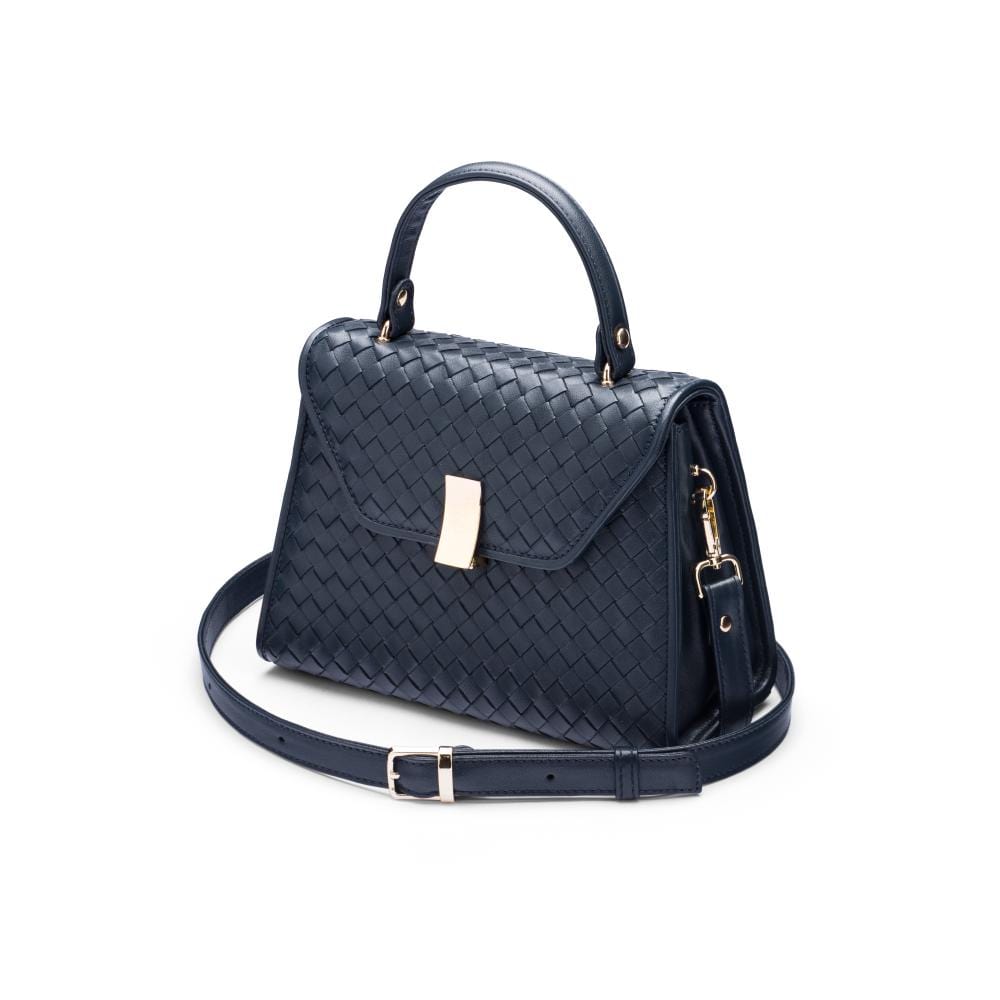 Woven Leather Sabrina Bag, Navy | Top Handle Bag | SageBrown