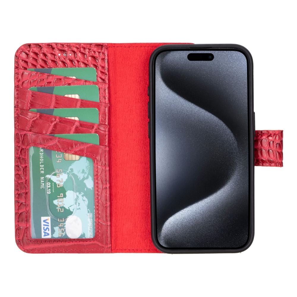 iPhone 15 Pro Case In Leather RFID Protection, Red Croc | SageBrown