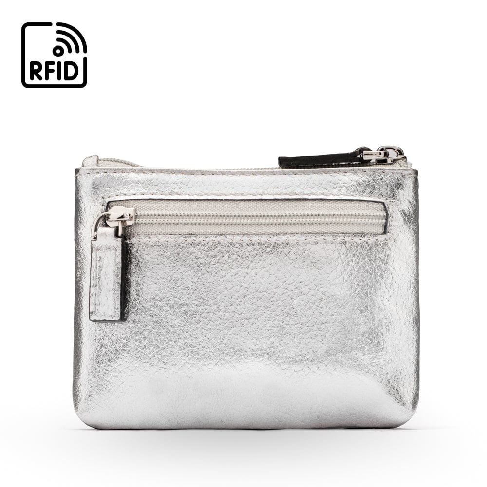 RFID Small Leather Zip Coin Pouch, Silver | Coin Purse | SageBrown