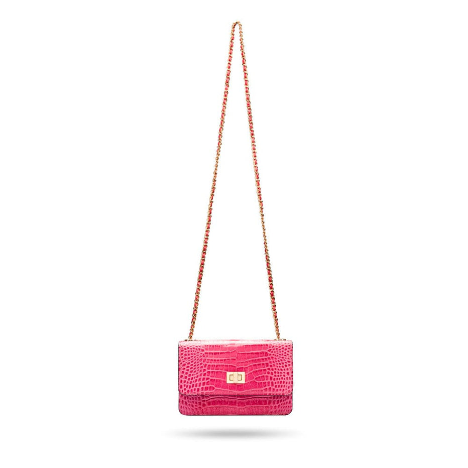 Mini Leather Chain Strap Bag, Pink Croc | Shoulder Bags | SageBrown