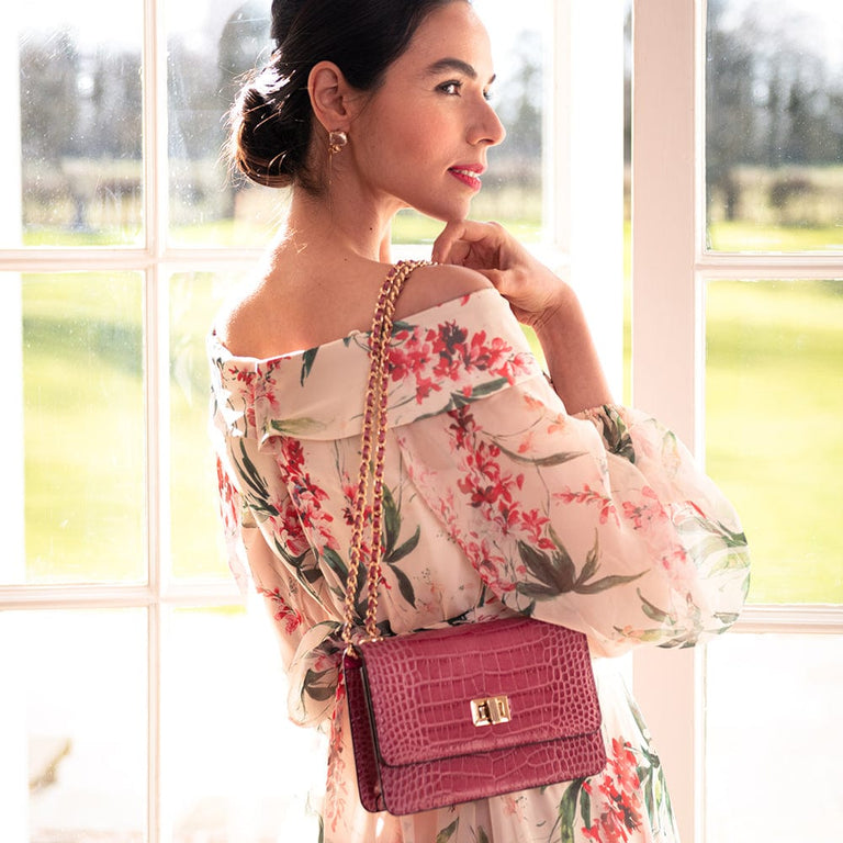 Mini Leather Chain Strap Bag, Pink Croc | Shoulder Bags | SageBrown