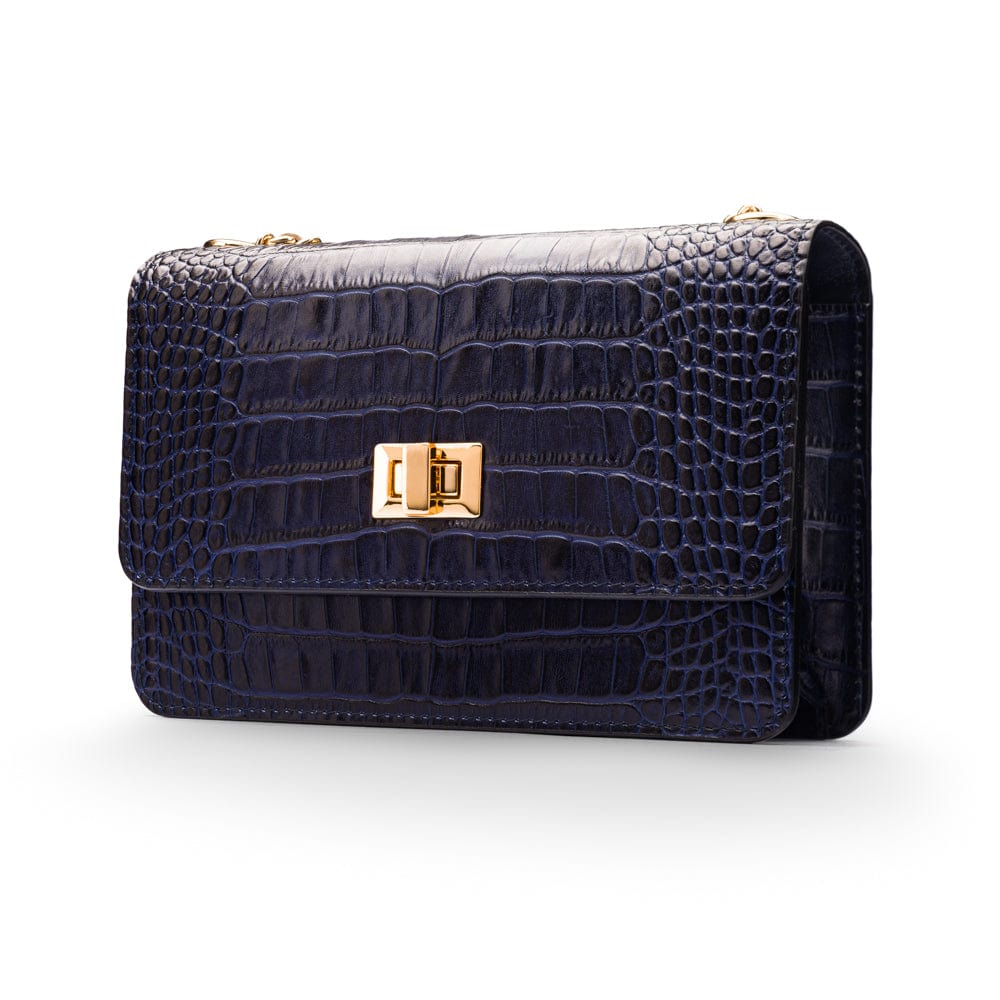 Mini Leather Chain Strap Bag, Navy Croc | Shoulder Bags | SageBrown