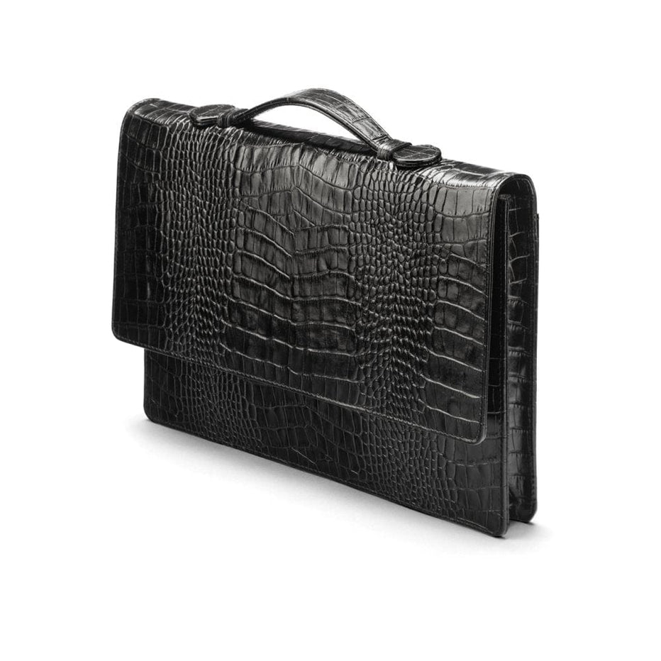 Small Leather Briefcase, Black Croc | Briefcases | SageBrown