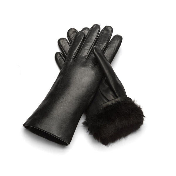 Ladies Rabbit Fur Lined Leather Gloves Black