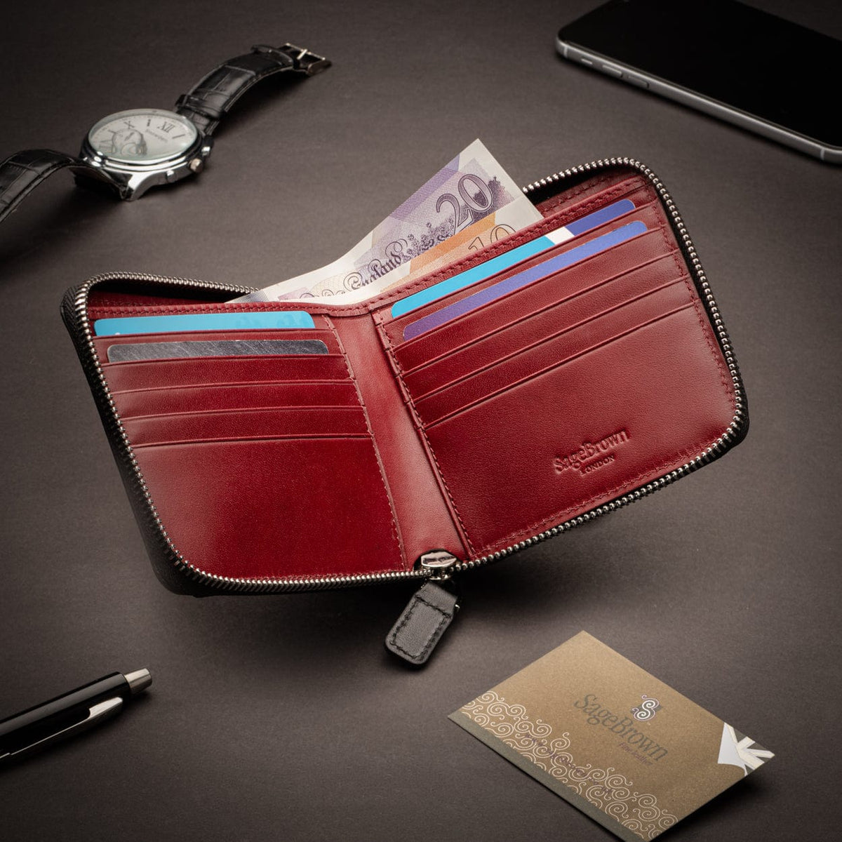 Men's Wallet With Zip, Black With Red | Men's Wallets | SageBrown