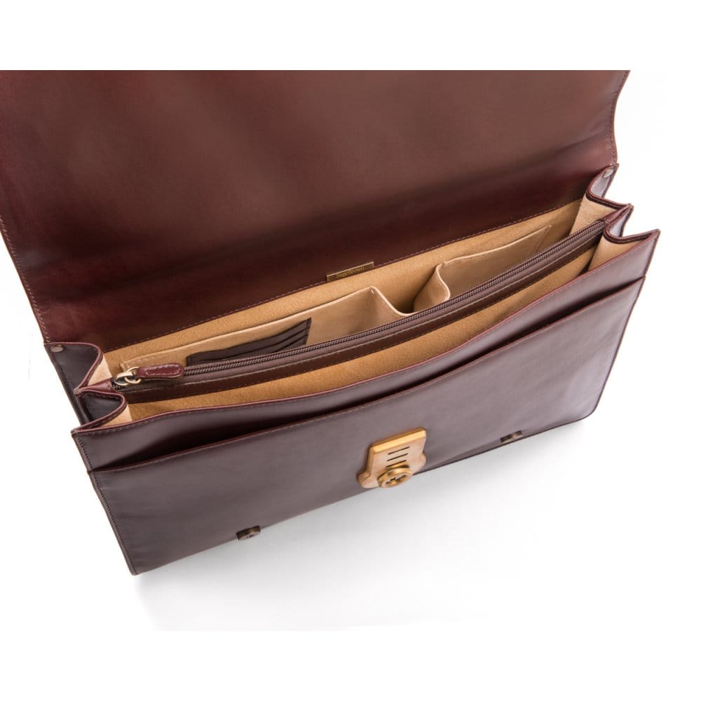 Satchel Briefcase Brass Lock, Dark Tan | Briefcases | SageBrown