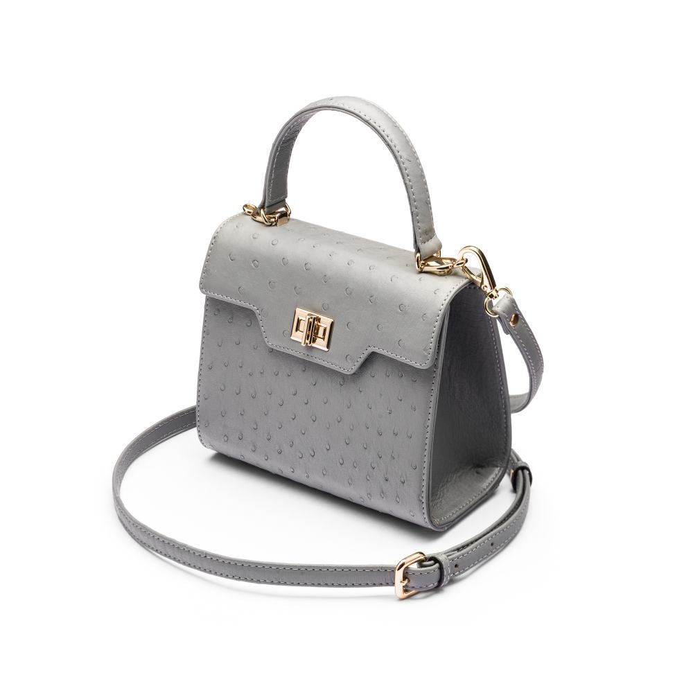 Mini Ostrich Leather Morgan Bag, Grey | Top Handle Bag | SageBrown