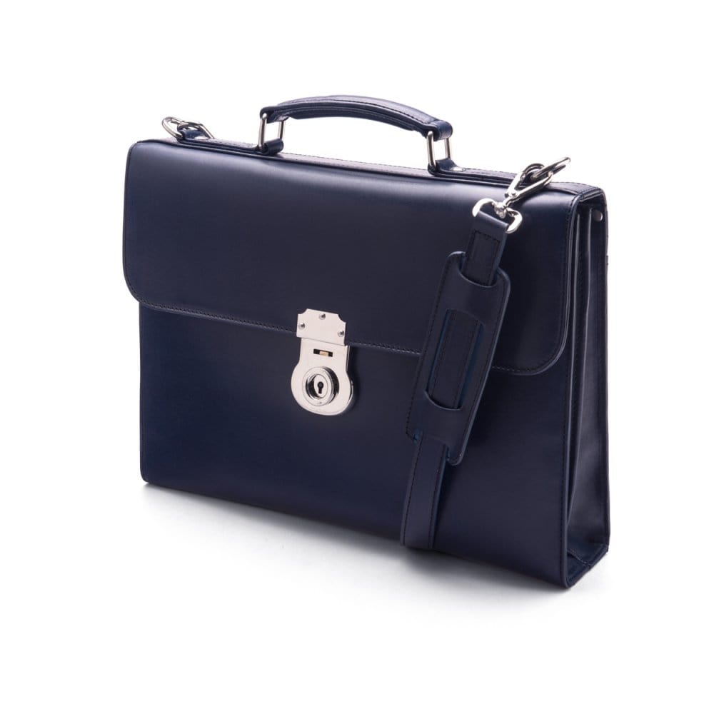 Leather Briefcase Silver Brass Lock, Navy | Briefcases | SageBrown
