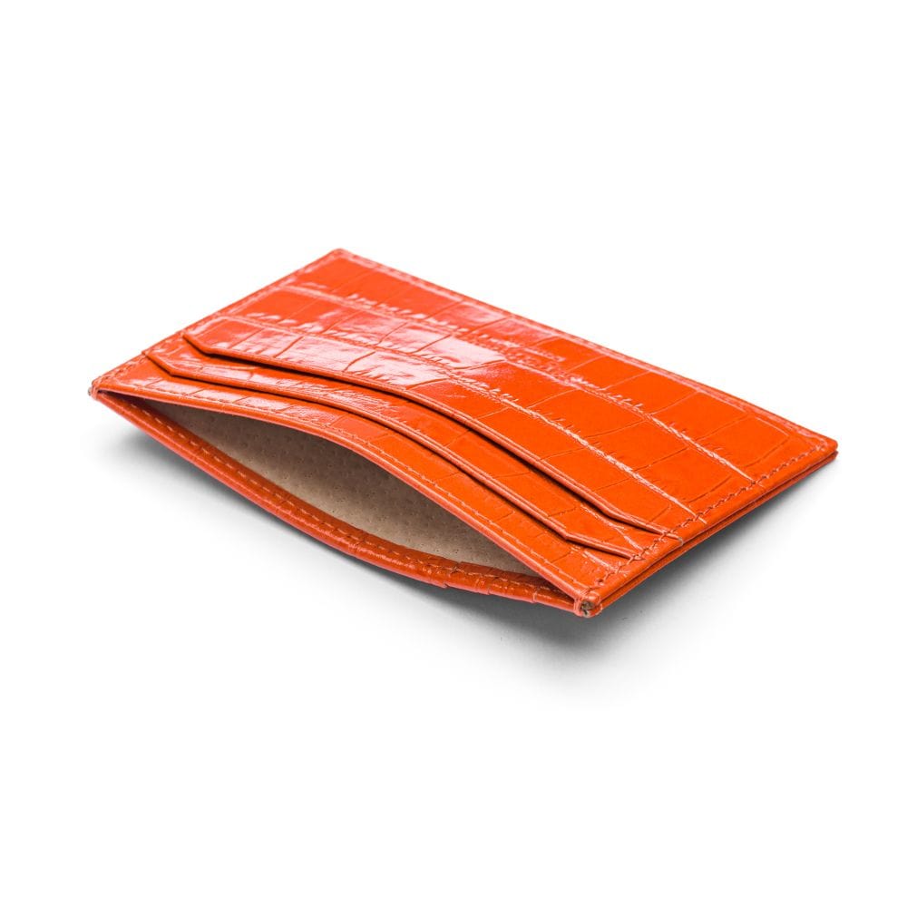 Flat Leather Card Case, Orange Croc | Flat Card Holders | SageBrown