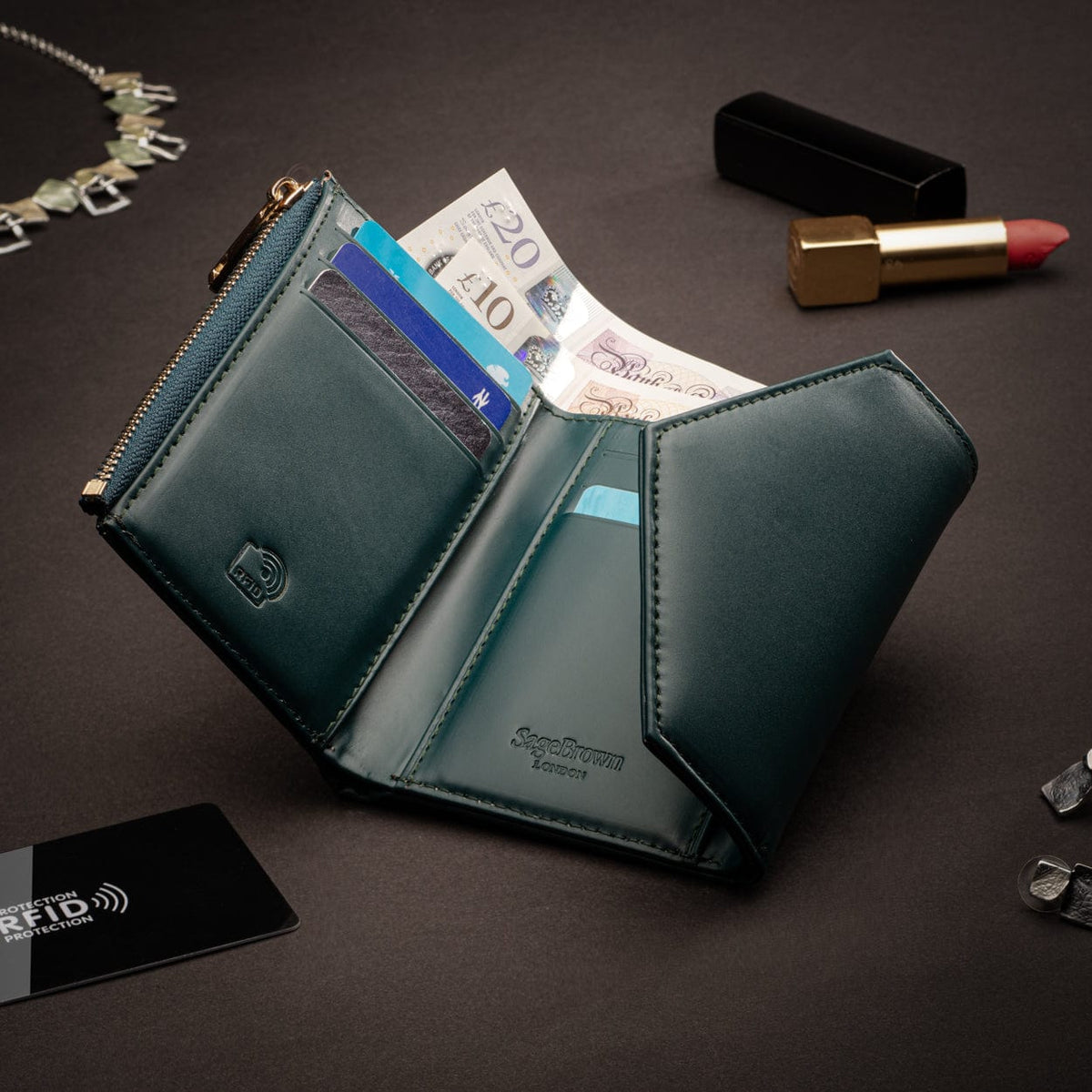 RFID Leather Envelope Purse, Petrol Green | Purses | SageBrown