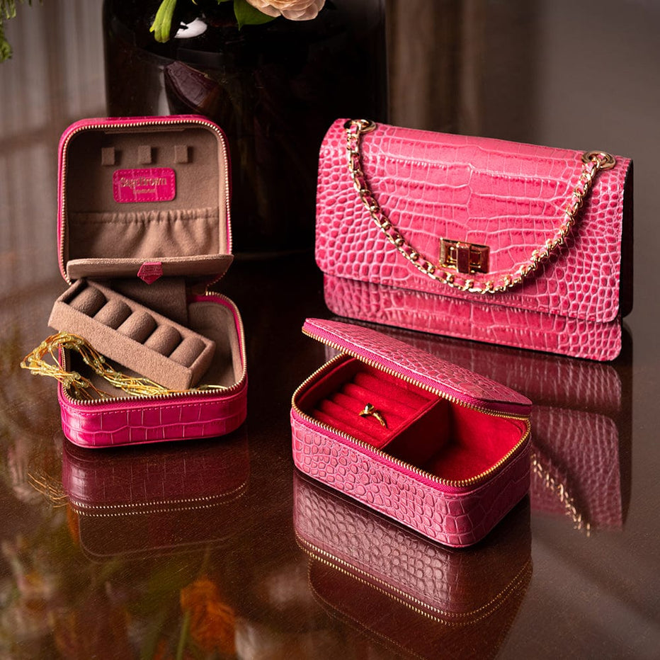 Zip Around Jewellery Case, Pink Croc | Accessory Boxes | SageBrown