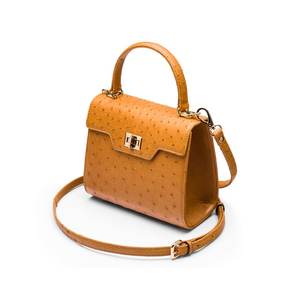 Mini Ostrich Leather Morgan Bag, Tan | Top Handle Bag | SageBrown