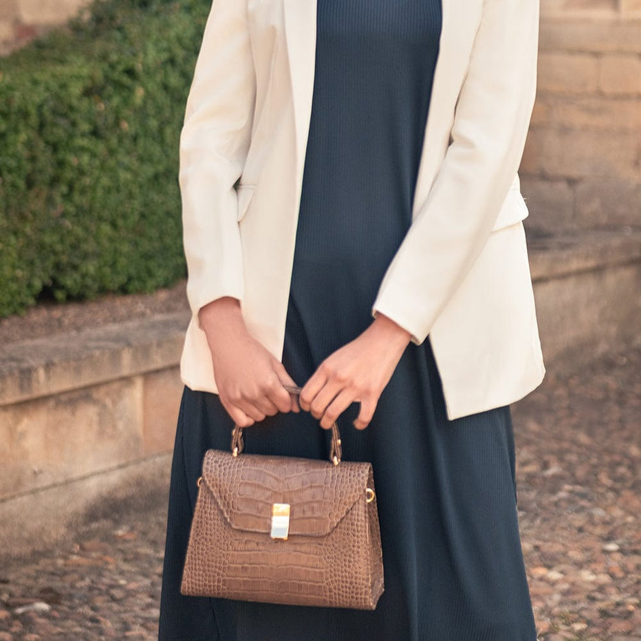 Sabrina Bag, Taupe Croc | Top Handle Bag | SageBrown